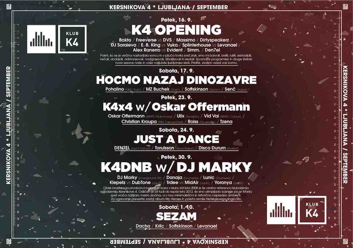 16/9/2016 odpira vrata prenovljeni klub K4 / program