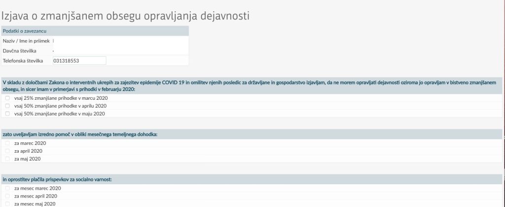eDavki / obrazec NF_COVID19_1 / Izjava o zmanjšanem obsegu opravljanja ...