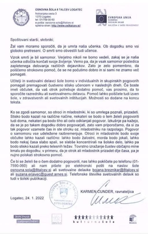 Samomor učenke Osnovne šole 8 talcev Logatec / odraz stanja v naši družbi